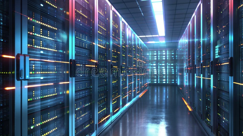 Data Center Server Room with Rows of Rack-mounted Equipment in a Three ...