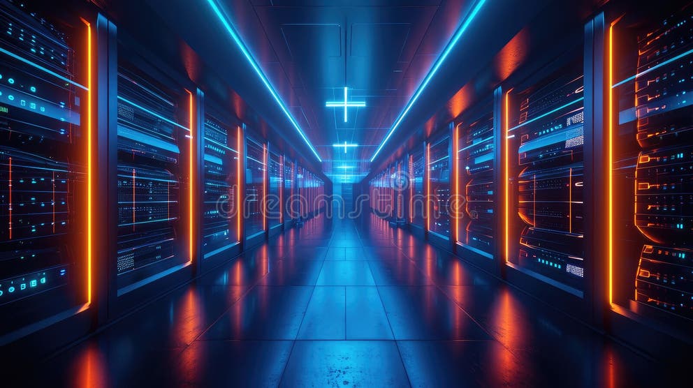 Dark Datacenter with Light of Data Signals Stock Illustration ...