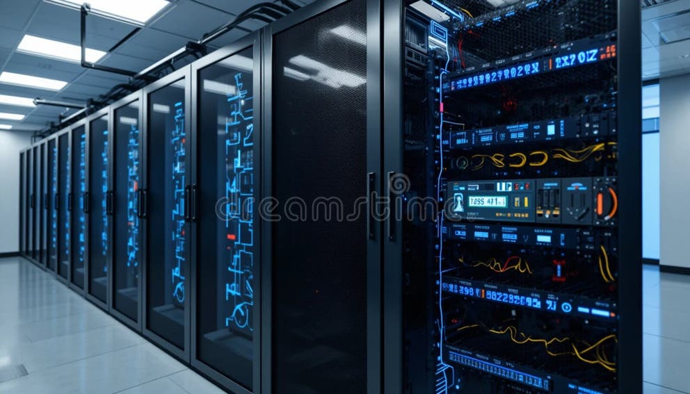 A Data Center Server Room with Several Racks of Servers Enclosed in ...