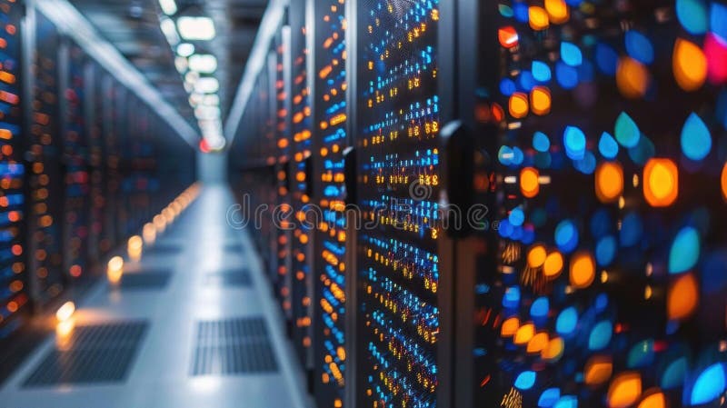 Data Center Servers with Blue and Orange Lights Stock Illustration ...