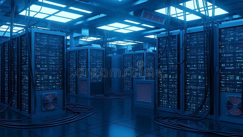 Data Center Servers in Cool Blue Lighting, Network Infrastructure Stock ...