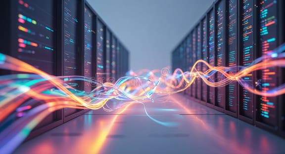 Data Center Server Room with Fiber Optic Cables for Cloud Computing and Data Storage Network ...