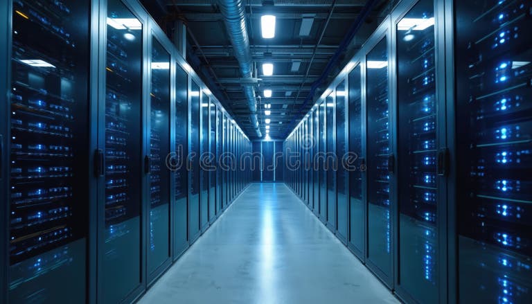 Data Center with Servers, Glass Windows, and Lights. Modern Information ...