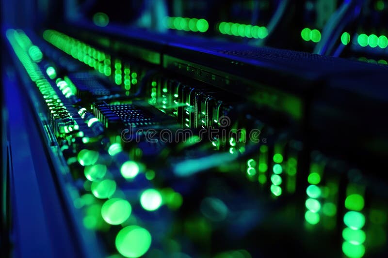 Data Center Servers with Green Lights in Rack, Network Technology, Dark Interior Stock ...