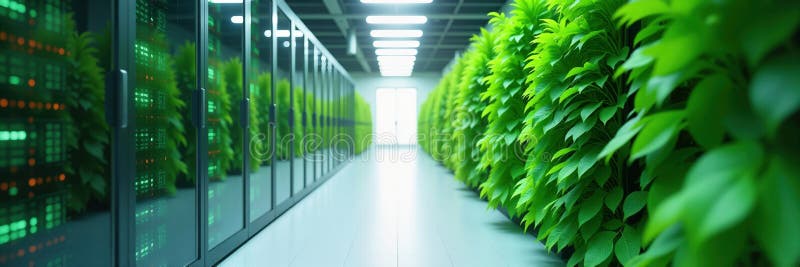 Data Center Servers with Green Plants, Sustainable Technology Concept ...