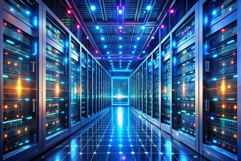 Data Center Servers Illuminate Futuristic Hallway Glowing Network ...