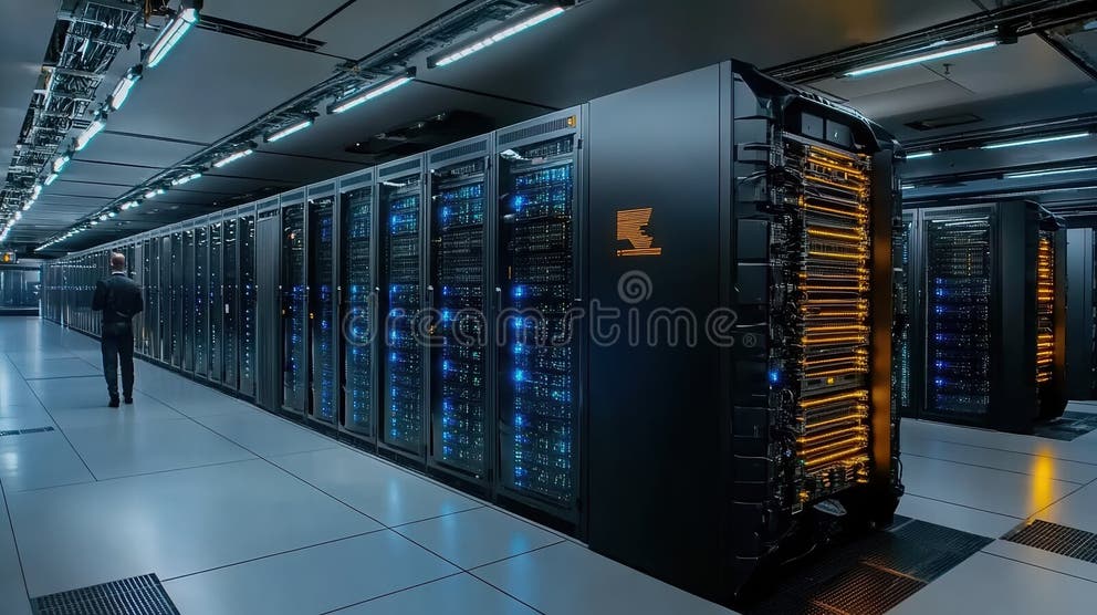 Data Center with Servers and Illuminated Cables in a High-tech ...