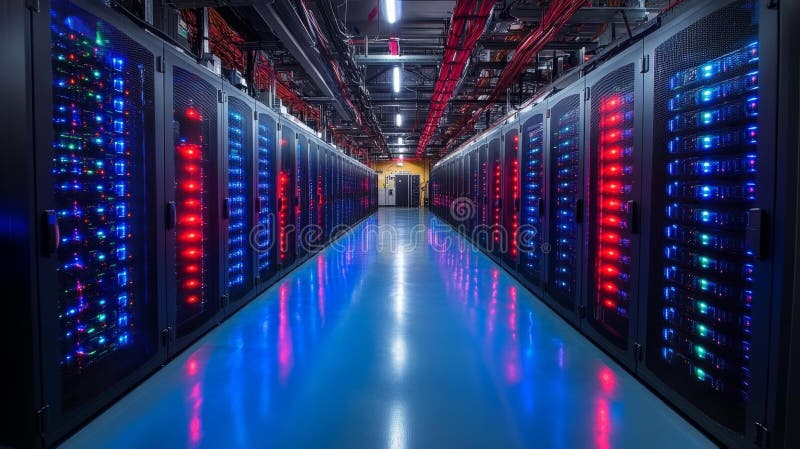 Data Center with Servers Illuminated by Red and Blue Lights Stock ...