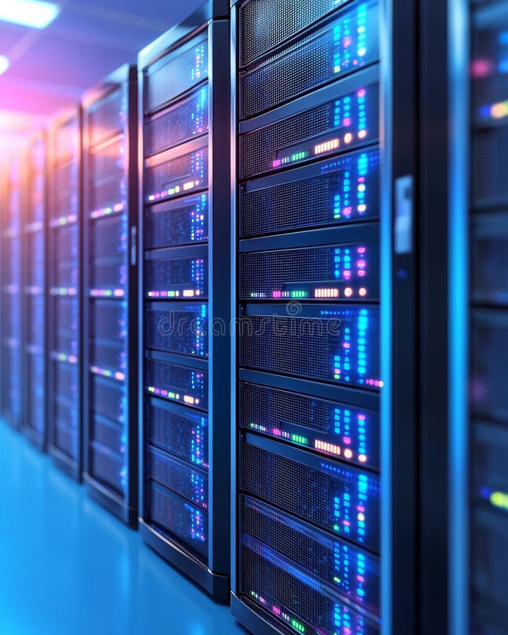 Data Center Servers with Network Connections and LED Lights Stock ...
