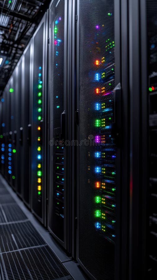 Server Room with Blinking Lights and Data Racks Stock Illustration ...