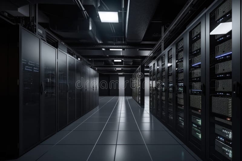 Data Center with Servers in Racks, and Security Cameras Monitoring the ...