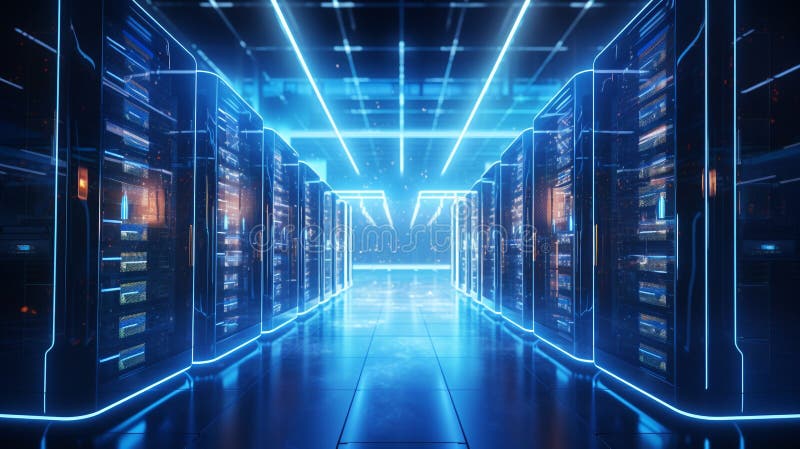 A Data Center with Servers in Room, a Digital Internet Stream, and a ...