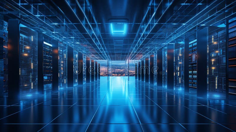 A Data Center with Servers in Room, a Digital Internet Stream, and a ...