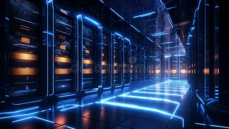 A Data Center with Servers in Room, a Digital Internet Stream, and a ...