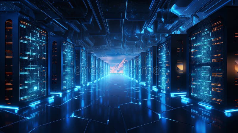 A Data Center with Servers in Room, a Digital Internet Stream, and a ...