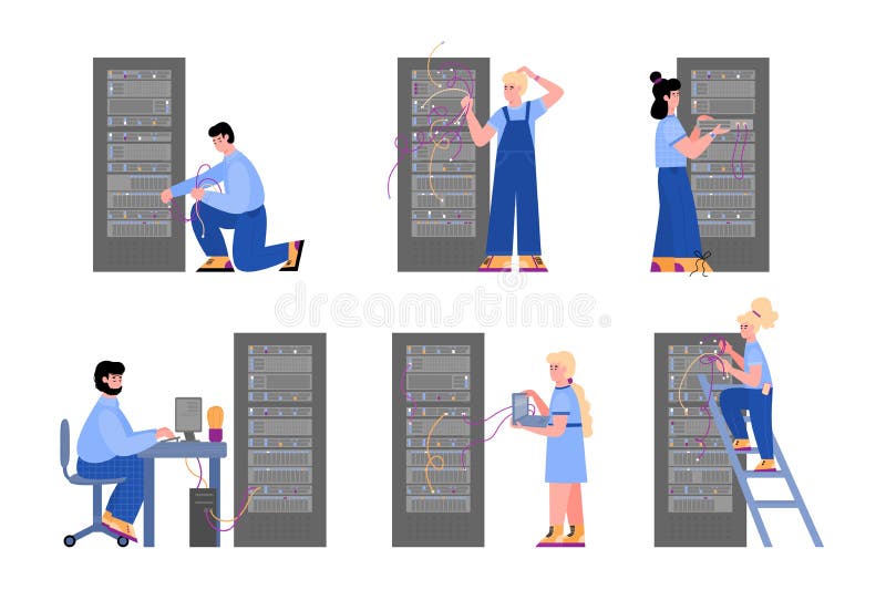 Data Center Servers and Staff Set of Cartoon Vector Illustrations ...
