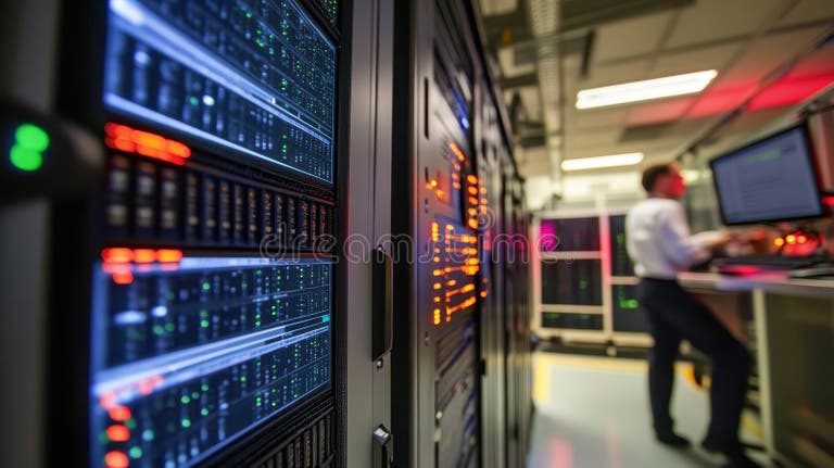 A Data Center with Servers and a Technician Working at a Computer ...