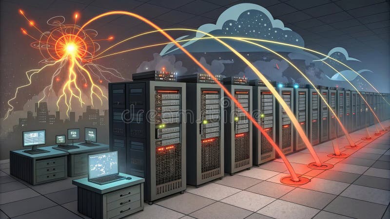 Data Center with Servers Under DDoS Attack, Showcasing Cyber Threats ...