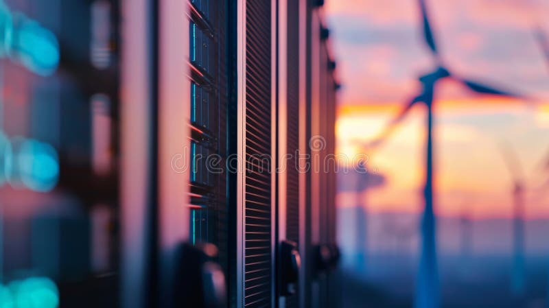 Data Center Servers with Wind Turbines at Sunset, Renewable Energy ...