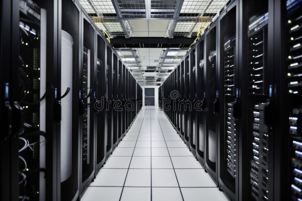 Data Center with Shelves Full of Server Hardware, Cables in Sight Stock ...