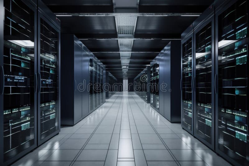 Data Center with Shelves of Servers and Processors, Cloud Storage and ...