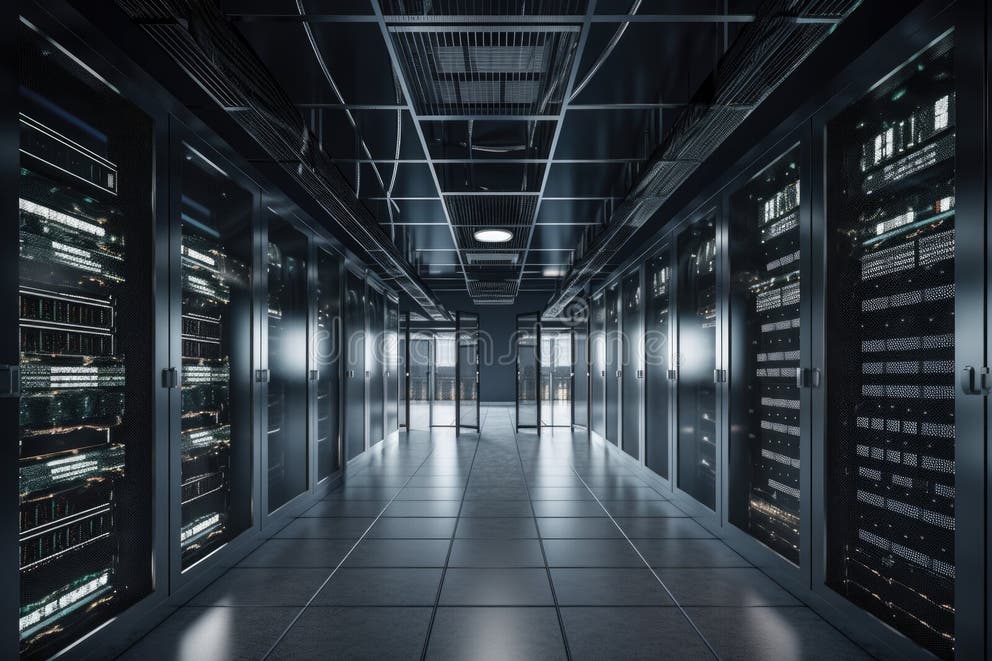 Data Center with Shelves of Servers and Processors, Cloud Storage and ...