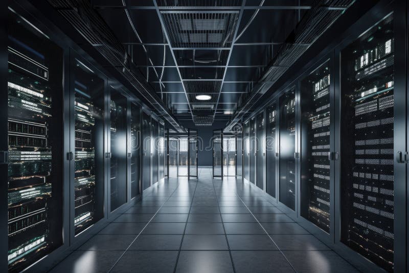 Data Center with Shelves of Servers and Processors, Cloud Storage and ...