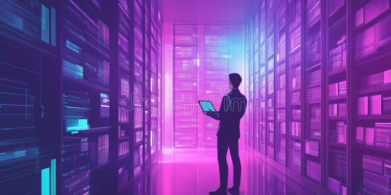 Data Center Silhouette with Glowing Shelves and Digital Interface ...