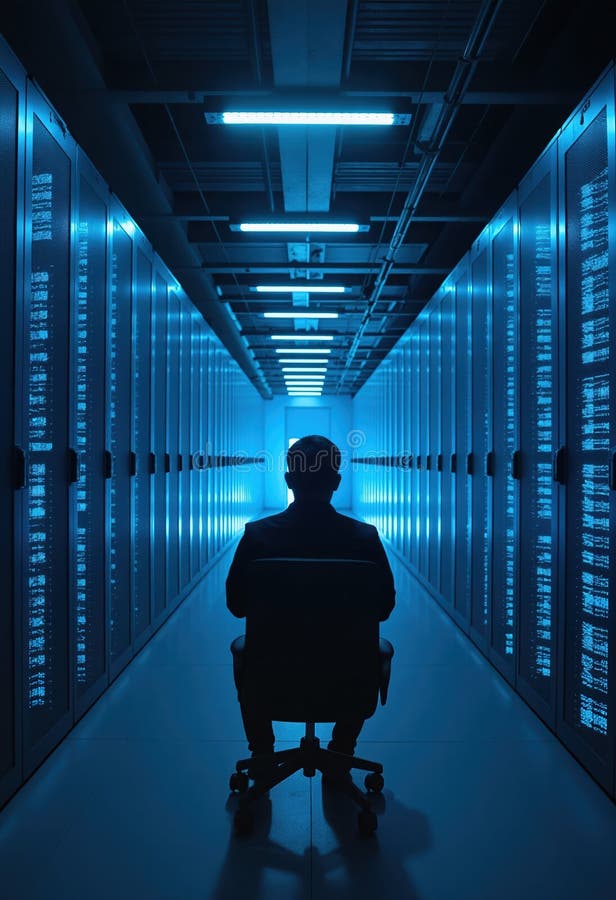 Data Center Specialist in Server Room, Back View. Cybersecurity Concept ...