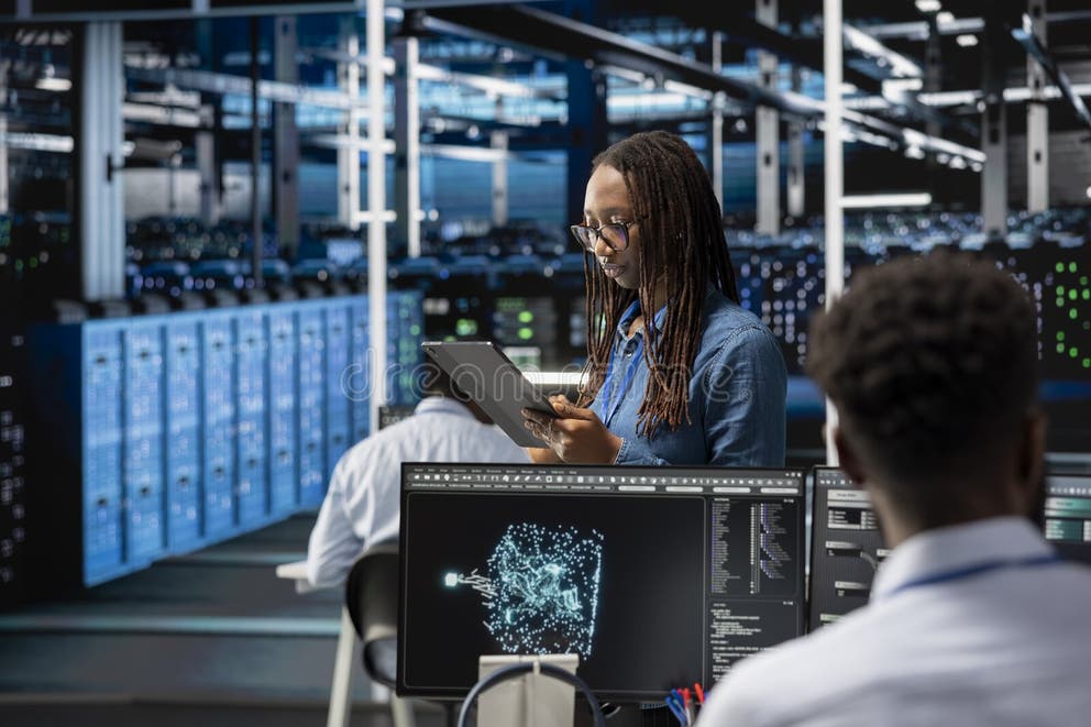 Data Center Specialist Using AI Deep Learning Algorithms on Tablet Stock Image - Image of ...