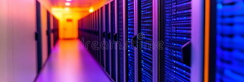 Data Center Storage Corridor with Blue and Orange Lights, Server Racks ...