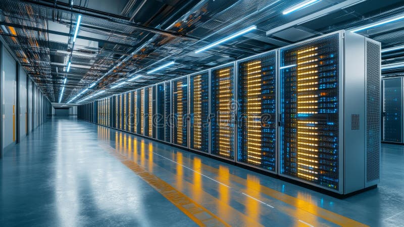 Data Center Storage Racks with Blue, Orange Lights, Cybersecurity for ...