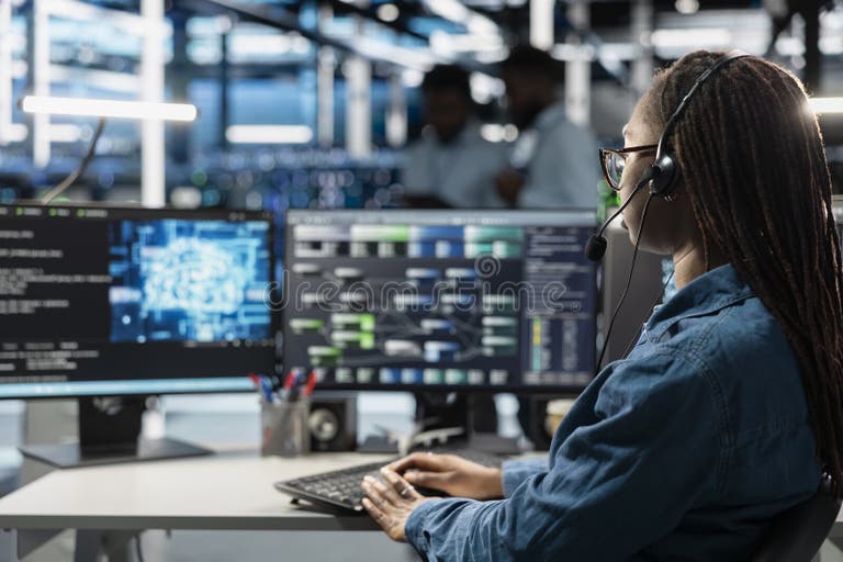 Data Center Support Expert Talking in Headset Microphone, Supporting ...