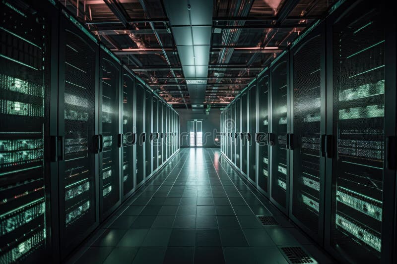 Data Center with Tall Racks of Servers and Buzzing Lights Stock ...