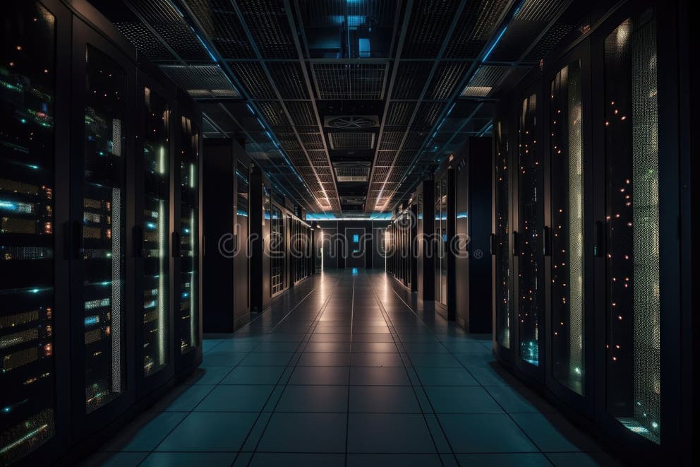 Data Center with Tall Racks of Servers and Buzzing Lights Stock ...