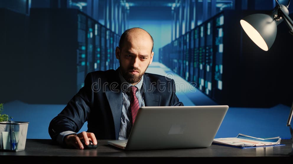 Data Center Technician Feeling Tired Working in Server Room Stock Photo ...