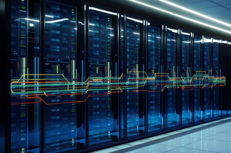 Data Center with Transparent Server Racks, Neon Lines, Blue Lighting ...