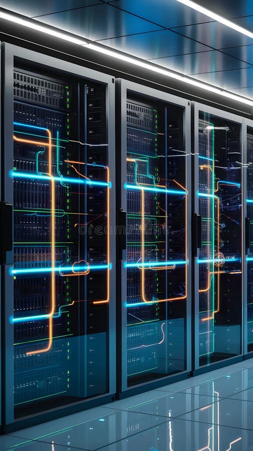Data Center with Transparent Server Racks, Neon Lines, Blue Lighting ...