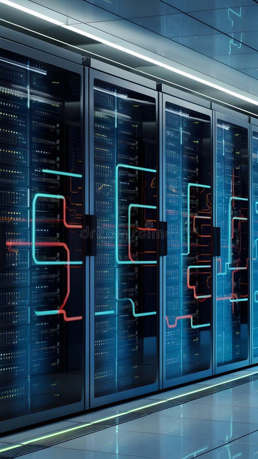 Data Center with Transparent Server Racks, Neon Lines, Blue Lighting ...