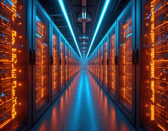 Data Center Tunnel with Rows of Servers. Orange Lights Inside Server ...