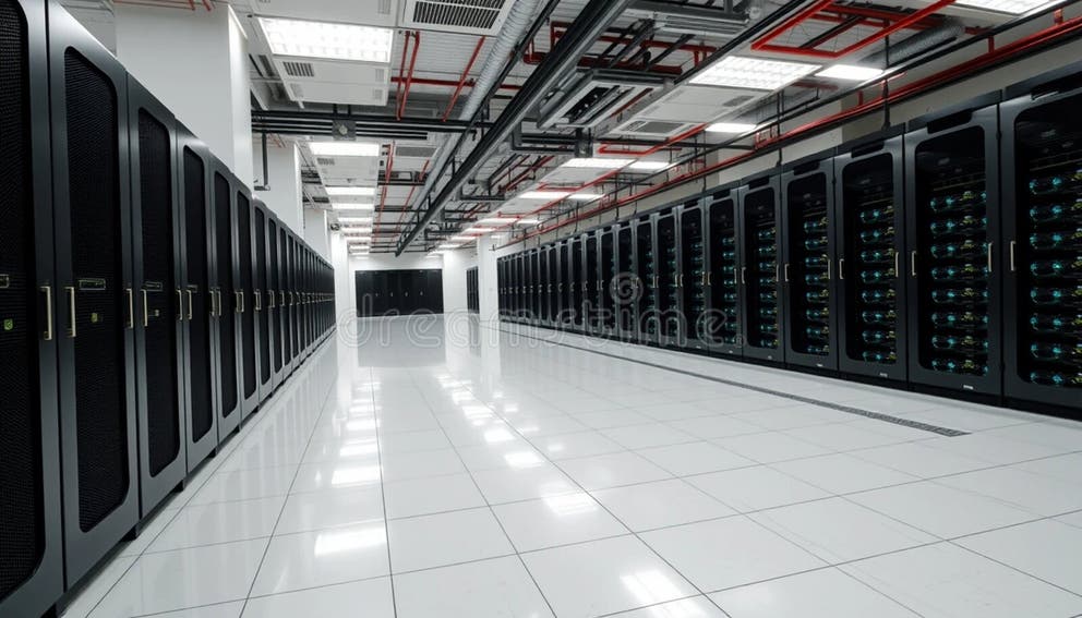 Data Center with Two Rows of Tall, Black Server Racks Lining a Glossy ...