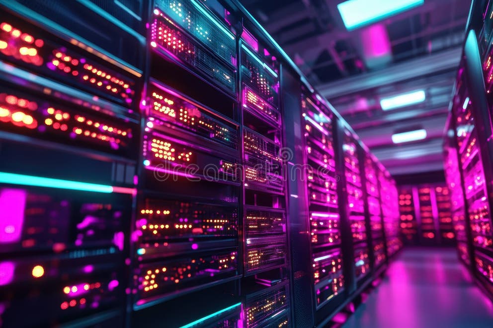 Data Center with Vibrant Neon Lights and Advanced Server Technology at ...
