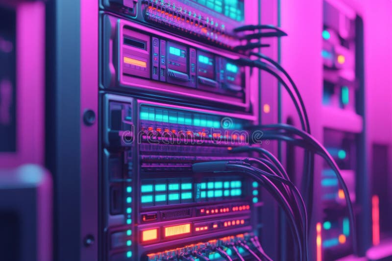 Data Center with Vibrant Purple and Blue Network Lights Visualizing ...