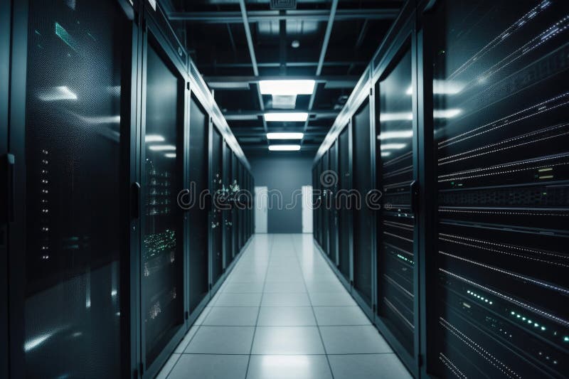 Data Center, with View into Server Room, Showing Racks of Servers and ...