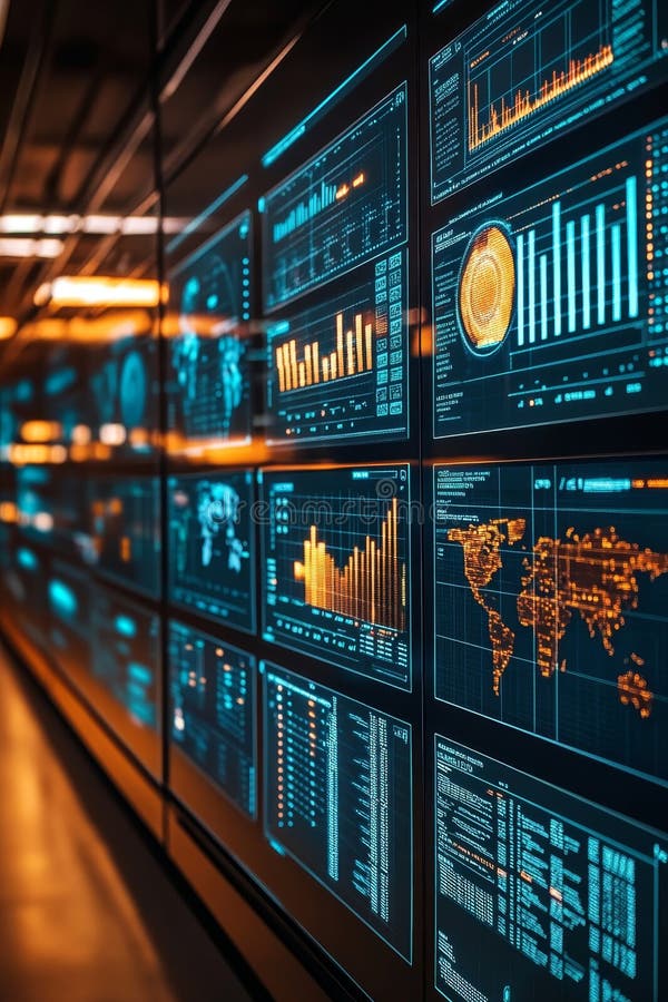 Data Center Visualization, with Charts, Graphs and Programming Code Displayed on Monitors Stock ...