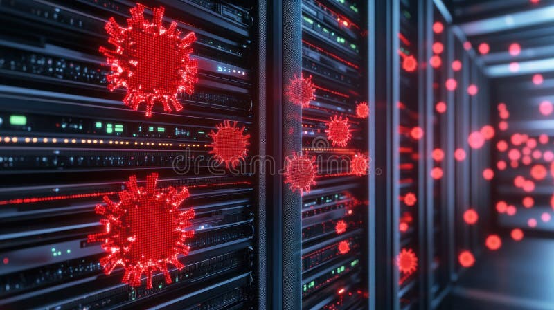 Data Center Visualization with Red Virus Particles Illustrating ...