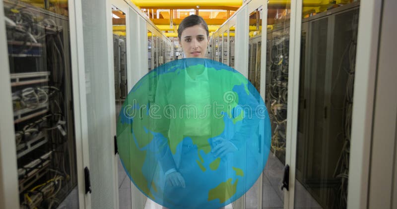 In Data Center, Woman Interacting with Virtual Globe, Exploring Global ...