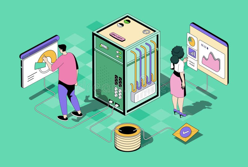 Data Centre Concept in 3d Isometric Design. Woman and Man Work As Tech ...