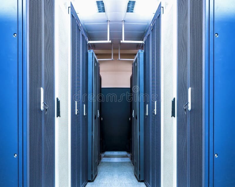 Server Racks Row in Big Data Center with Depth of Field in Cool Blue ...