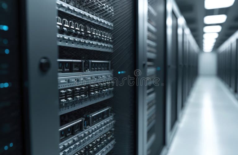 Data Centre Server Room Off Corridor with Computer Equipment. Two Black ...